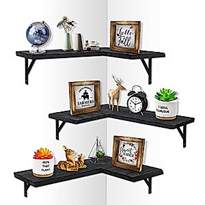 Corner Floating Shelves, Wood Wall Mounted Shelf Set of 3, L-Shaped Rustic Farmhouse Display Storage Shelf Hanging Bookshelf Organizer for Bathroom, Living Room, Bedroom, Kitchen, Office Décor