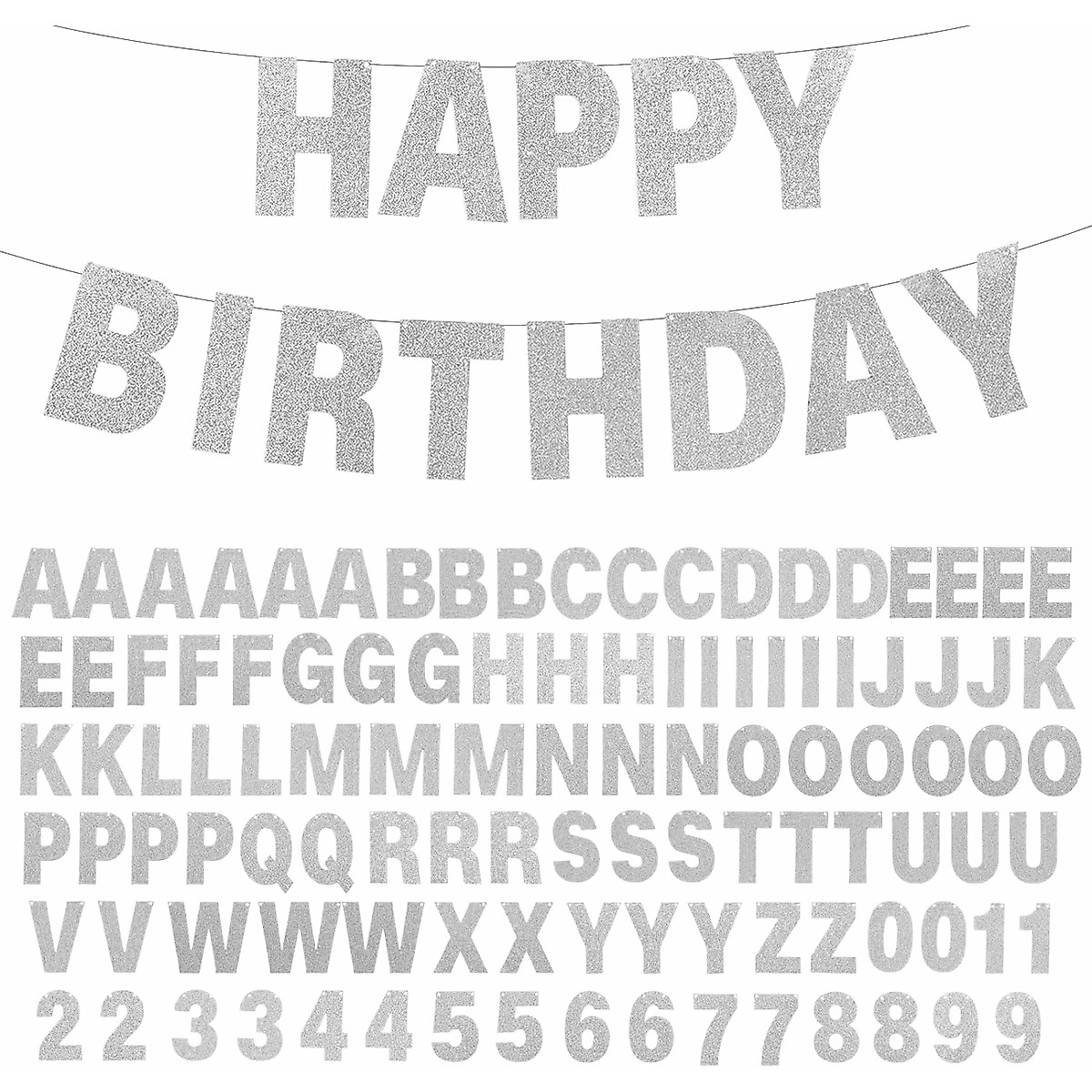 107 Pcs DIY Silver Party Banner, A to Z Letters 0 to 9 Numbers, Customizable Glitter Paper Party Banner Kit for Happy Birthday Party Baby Shower Graduation Christmas Any Partry Decorations Supplies