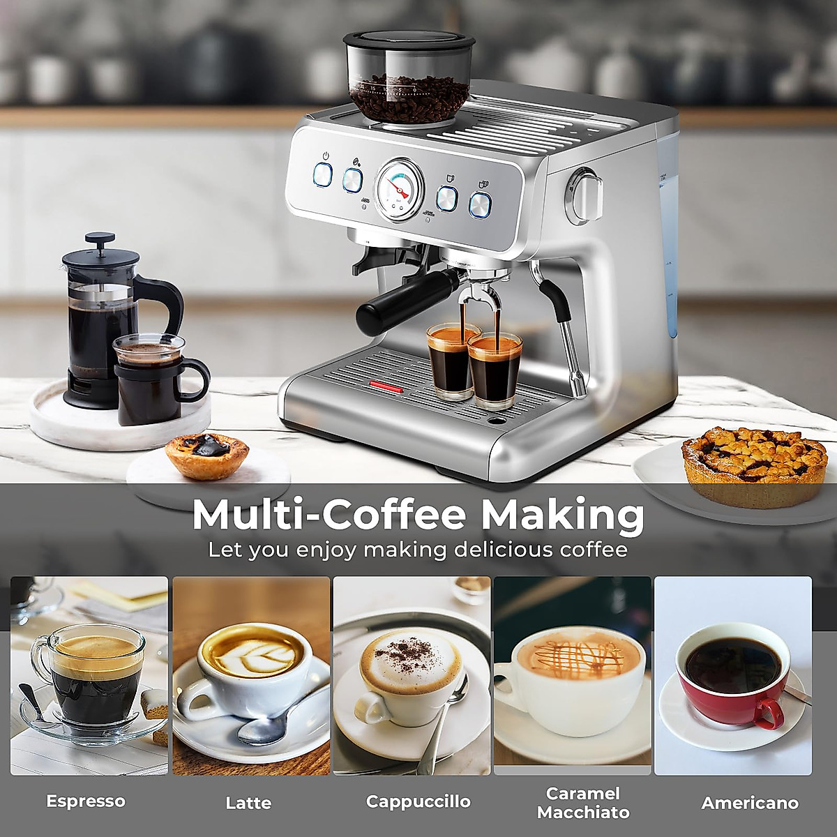 Havato Espresso Machine, 15 Bar Semi-Automatic Espresso Machine with Grinder & Milk Frother Steam Wand, 1350W Home Cappuccino Latte Machine with Removable 75 Oz Water Tank, Stainless Steel