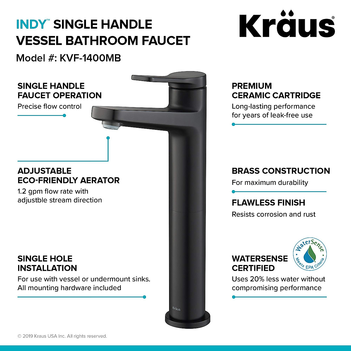 Kraus KVF-1400MB-PU-10MB Indy Single Handle Vessel Bathroom Faucet and Pop Up Drain, Matte Black