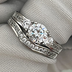 YOYEEWYNS 18K White Gold Plated Three Stones Bridal Ring Set for Women Engagement Rings Curved Wedding Band Cubic Zirconia Size 7