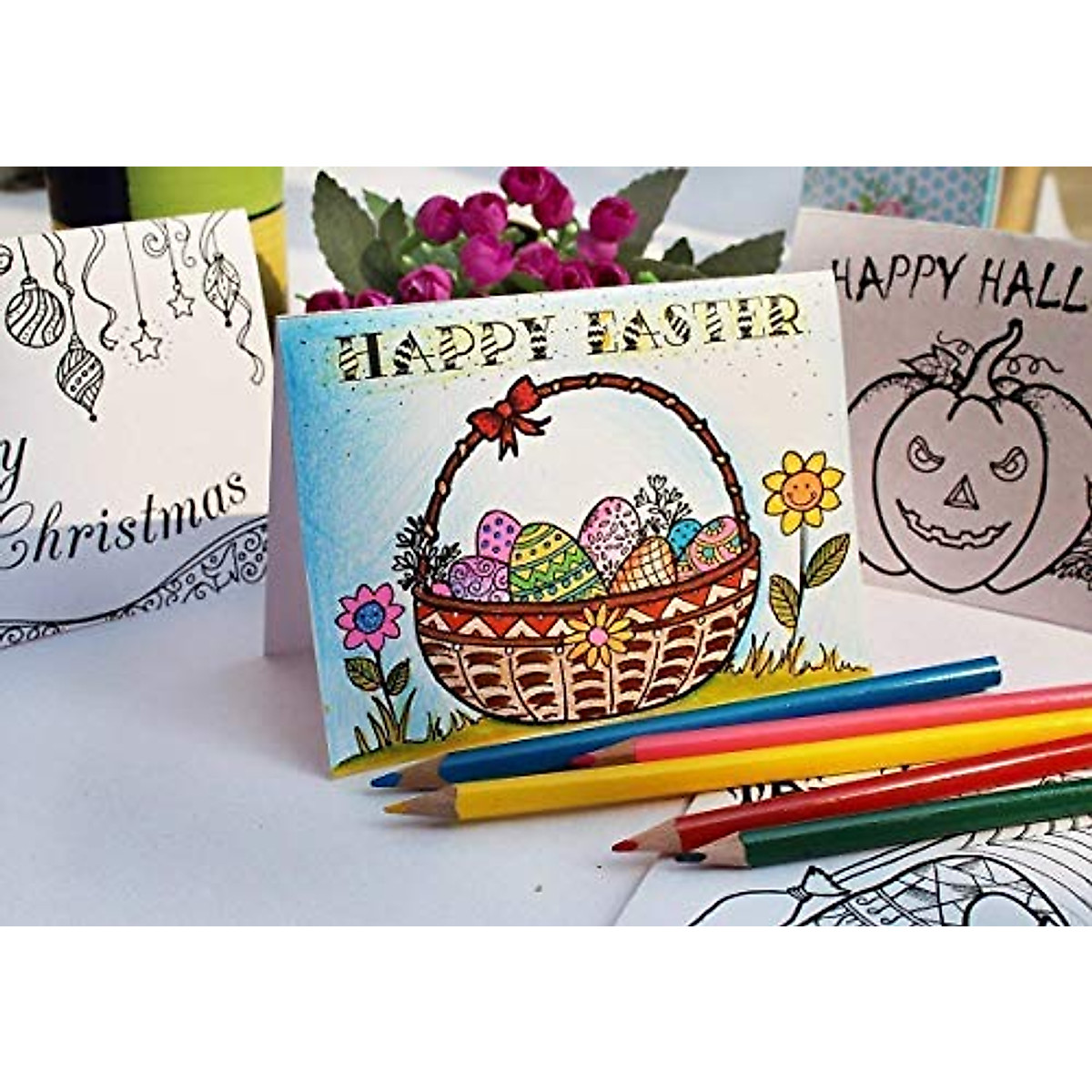 Coloring book of greeting cards: 24 handmade foldable cards to color | Premium Handmade Paperback Spiral Bound Coloring Book | Art and Sip Party, DIY Kit, Party favor | Easy & fun drawings to color