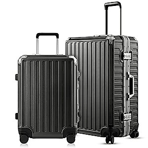 LUGGEX Aluminum Frame Luggage Sets, 100% Polycarbonate Hard Shell Checked Suitcase with 4 Corners, Zipperless Luggage with Spinner Wheels