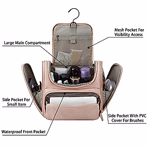 BAGSMART Hanging Toiletry Bag, Water-resistant Leather Dopp Kit, Large Travel Organizer for Full Sized Container, Nude Pink