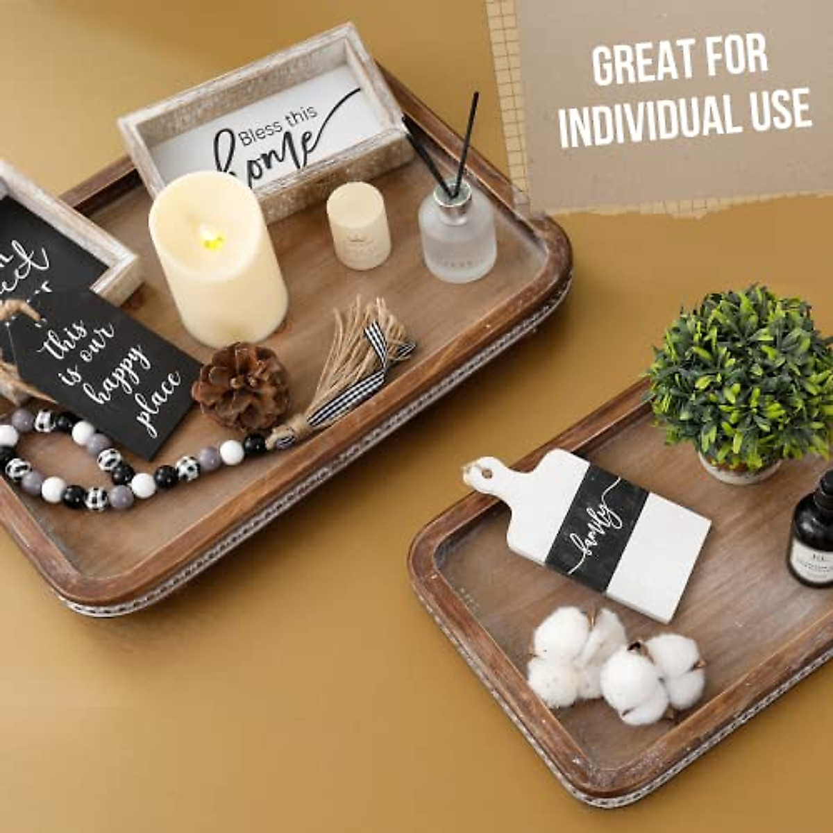 FESTWIND Farmhouse Wooden Rectangle Tiered Tray for Countertop, Small Beaded Tiered Tray Stand for Holidays, Two Tiered Tray Distressed Brown