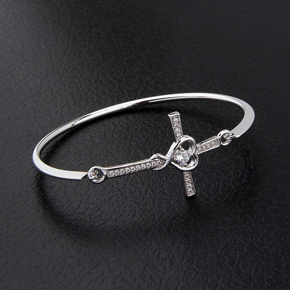Christian Bracelet Infinity Love Heart God Cross Bracelet Crystal Sideway Cross Bangle Religious Gift for Women (Silver)