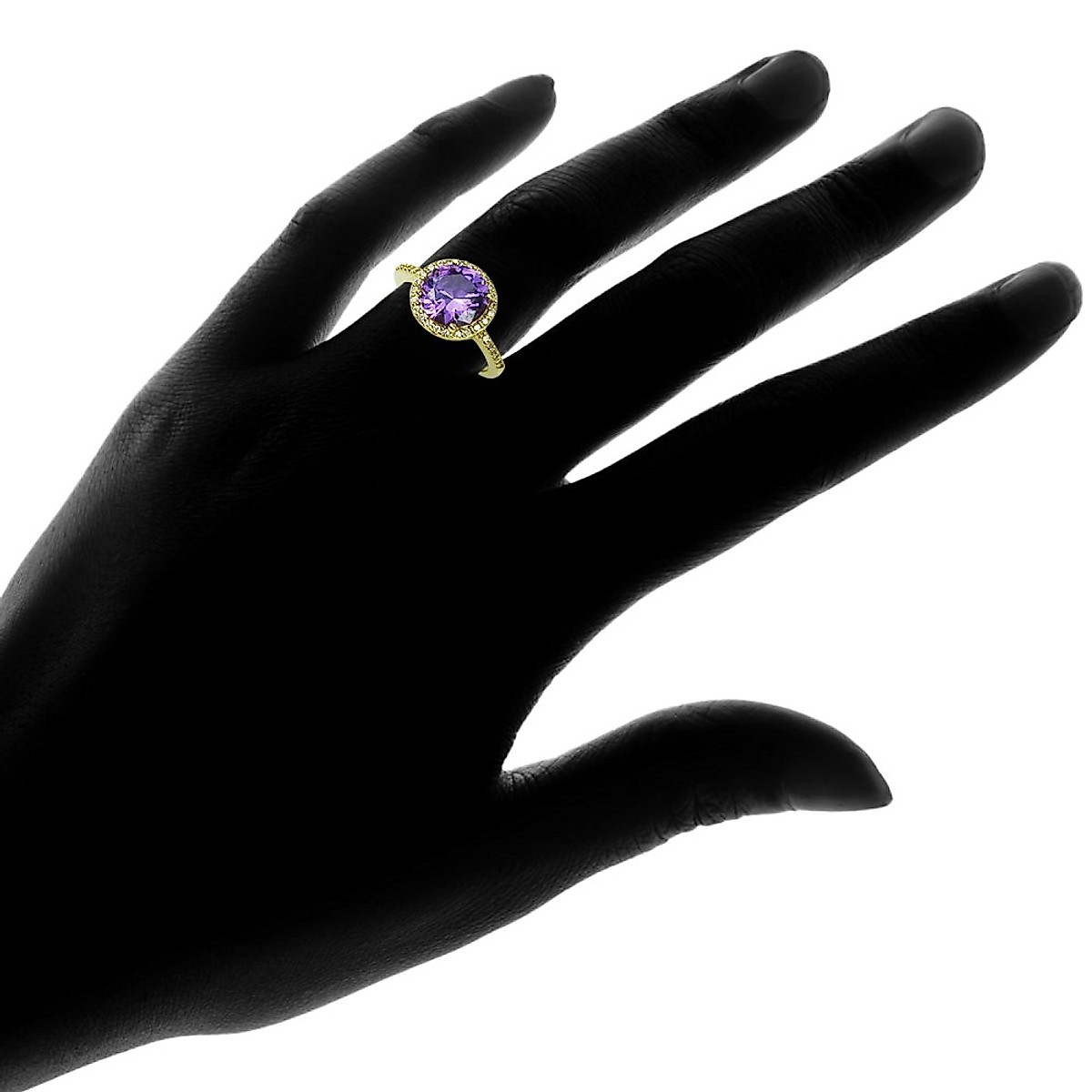 Ice Gems Yellow Gold Flashed Silver Simulated Amethyst and Cubic Zirconia Round Halo Ring, Size 9