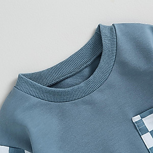 Toddler Baby Boy Fall Winter Outfit Contrast Color Long Sleeve Sweatshirts Stretch Jogger Pants Newborn Clothes Set (Plaid Blue, 18-24 Months)