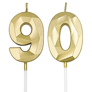 90th Birthday Candles for Cake, Gold Number 90 3D Diamond Shaped Candle Birthday Decorations Party Supplies for Women or Men
