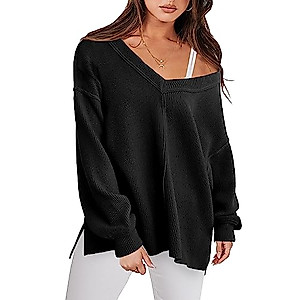 ANRABESS Women’s Casual Long Sleeve Sweatshirt V Neck Off Shoulder Shirt Loose Baggy Comfy Knit Pullover Sweaters Tunic Top 2023 Fall Clothes A1069heise-XL Black