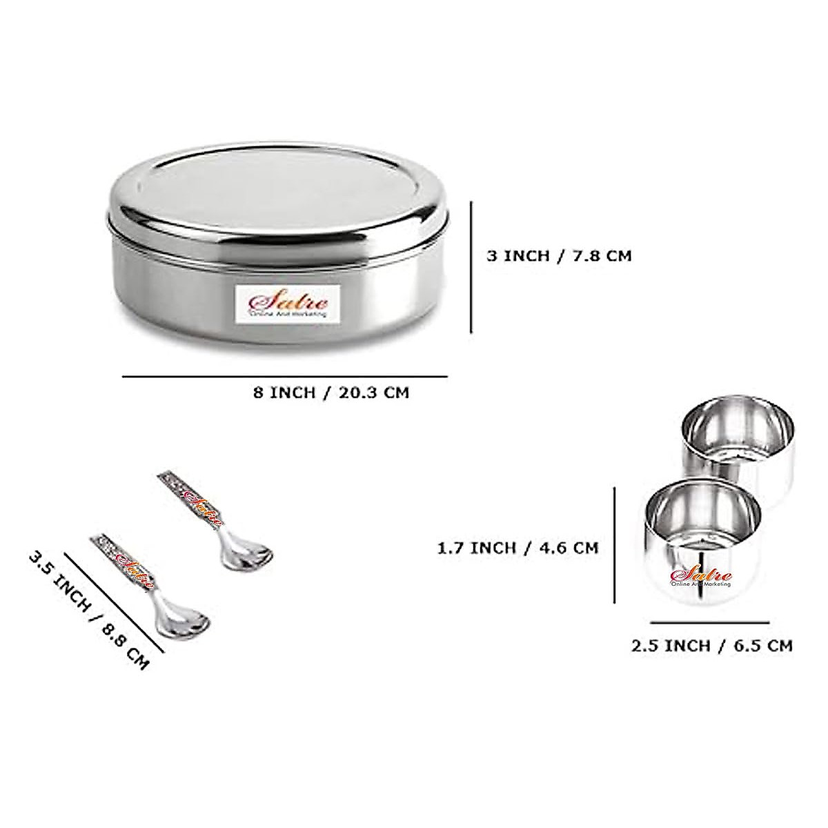 Satre Online and Marketing Stainless Steel Spice Box Without Lid,Stainless Steel Masala Box,Indian Spice Box with 7 Spice Containers and Spoons