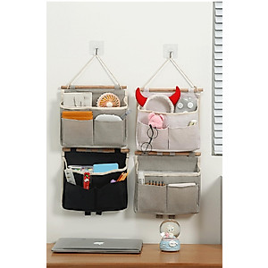 Alunsito Hanging Storage Organiser 2Pcs Waterproof Wall Hanging Bag Linen Cotton Organizer Wall Basket, Closet Hanging Pouch with Hooks for Bedroom Bathroom Kitchen