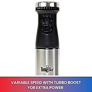 Total Chef Hand Blender, Variable Speed Immersion Blender, 225W with Turbo Boost, Black and Silver, Ergonomic Handle, Stainless Steel Blade, Blend, Mix, Puree Soups, Smoothies and Dips, Easy to Clean