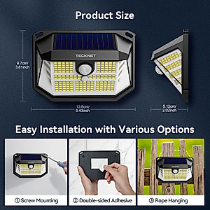 TECKNET 231 LED Motion Sensor Outdoor Lights, 4 Pack, 300° Solar Security Wall Lights, 3 Lighting Modes, IP65 Waterproof, PIR Motion Sensor for Outside, Fence, Garden, Yard, Deck, Garage - Cool White