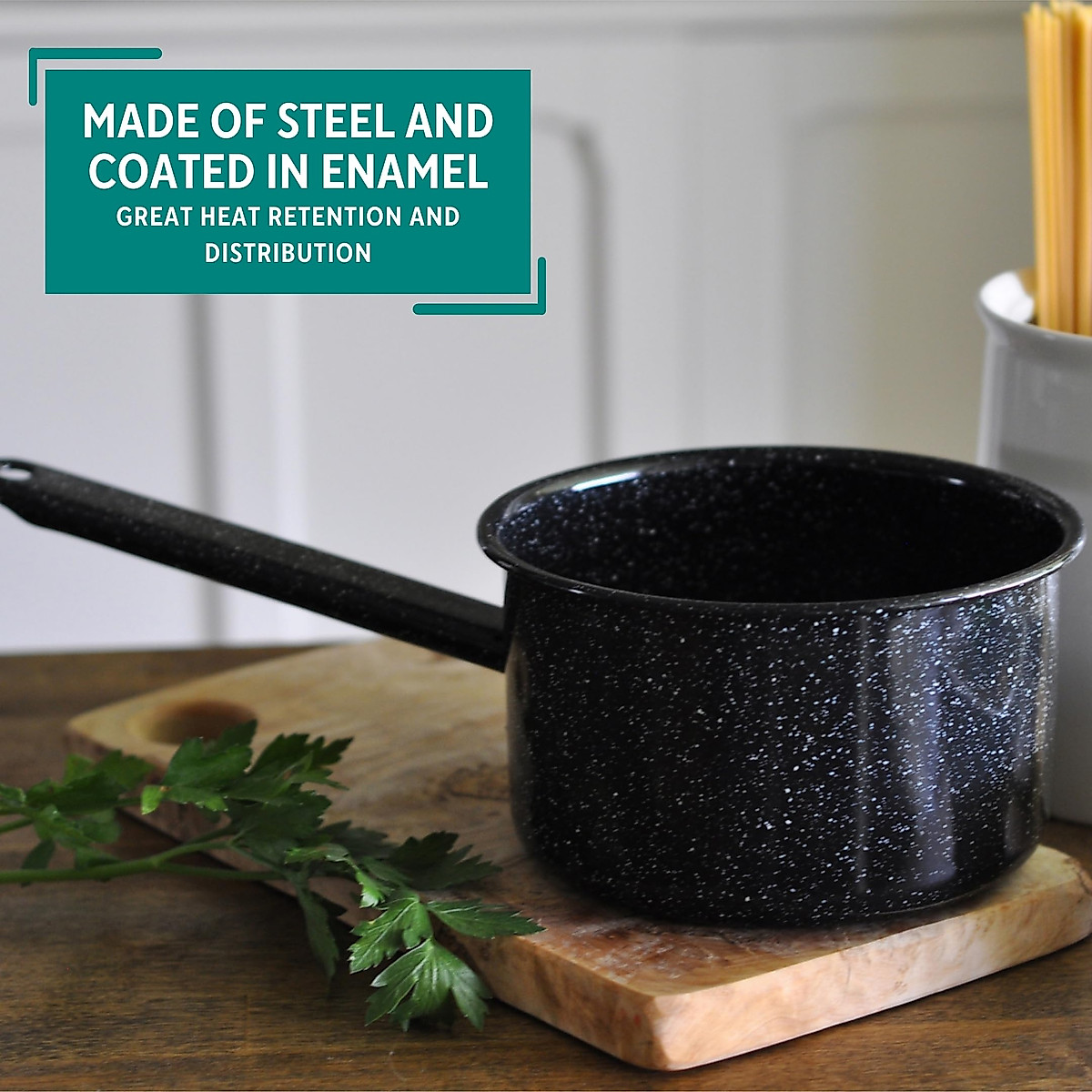 MIRRO 1.25qt Enamel Saucepan, Black