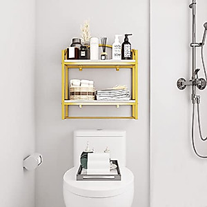 DR.IRON Gold Wall Bathroom Shelves with Towel Holder,Floating Bathroom Shelves Towel Rack for Bathroom Storage (2-Tier) (Gold Bracket & White Shelves)