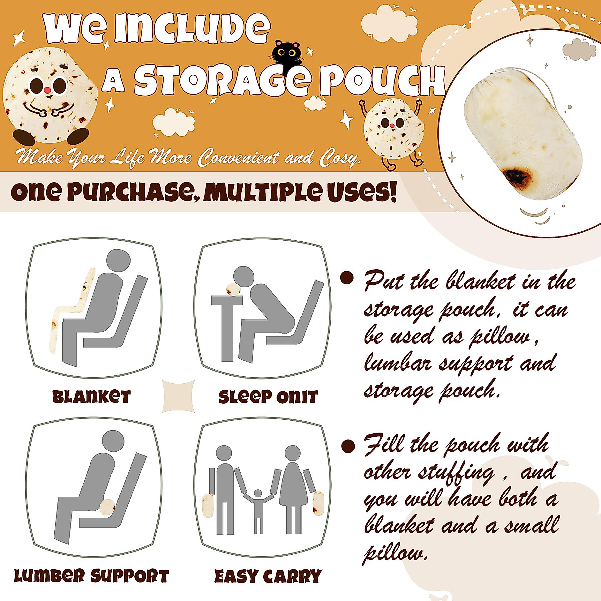 Bnuitland Burritos Tortilla Blanket,300GSM Double Sided Giant Funny Gift Throw with Burrito Pouch,Realistic Super Soft Taco Food Blanket,Novelty Sofa Blanket for Kids/Pets and Adults