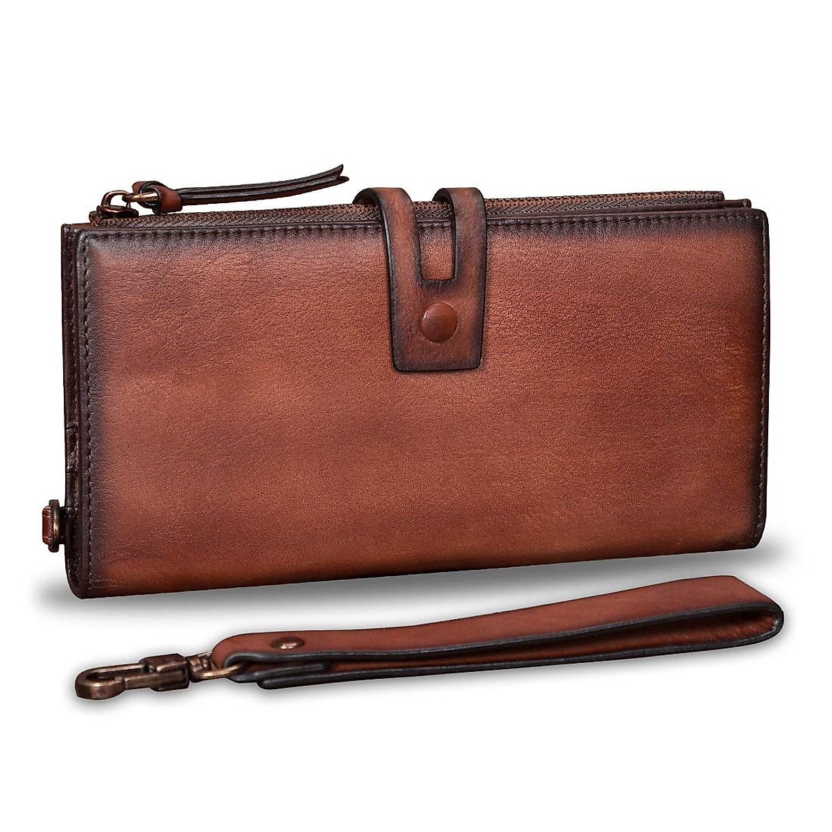 Genuine Leather Wallet Vintage Handbag Cowhide Long Purse Money Clip Card Case Organizer with Hand Strap (Coffee)