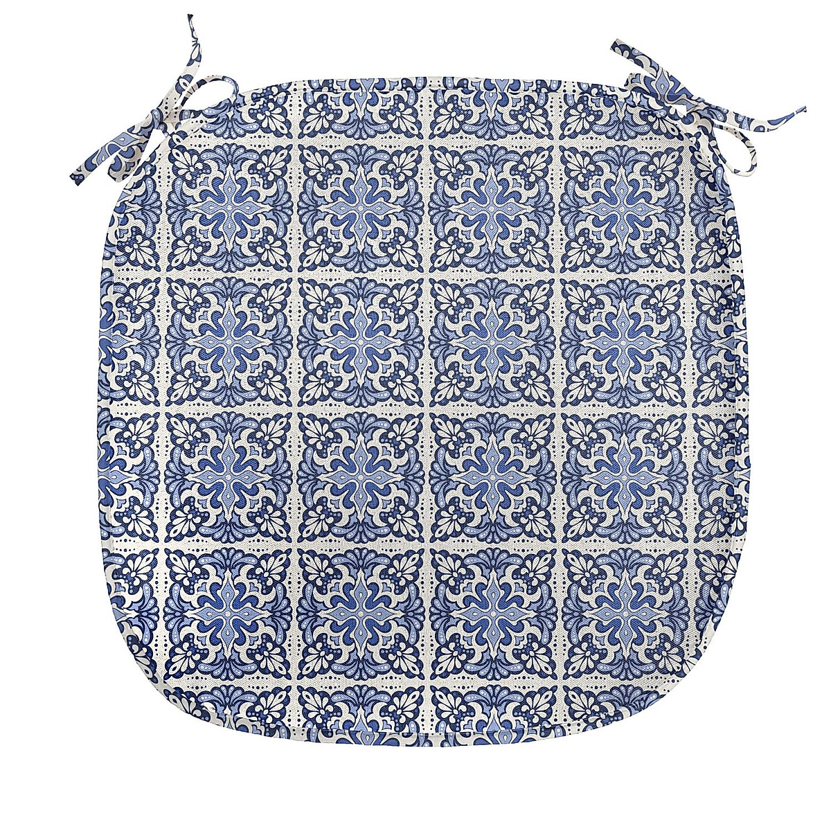 Lunarable Azulejo Chair Seating Cushion Set of 4, Ethnic Portuguese Ceramic Tiles Like Mosaic Motifs Traditional Design, Anti-Slip Seat Padding for Kitchen & Patio, 16"x16", Ivory and Lavender Blue