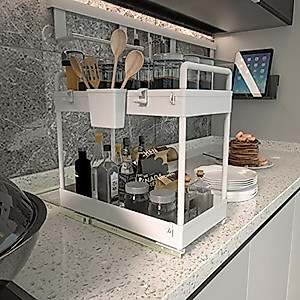 DonYeco Under Sink Organizer, 2 Tier Bathroom Storage Rack, Under-Mount Sliding Drawer Slides，White