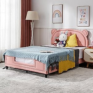 CECER Twin Bed Frames for Kids, Pink Children Platform Bed, Kid Bed Frame with Bear Shaped Headboard, Faux Leather Upholstered, Rivet Decoration, Wood Slats, No Spring Box Needed