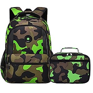 Yvechus Camo Backpack Set with Lunch Bag Lightweight Waterproof School Backpack Bookbag for Boys Girls (D-Style Camo Green)