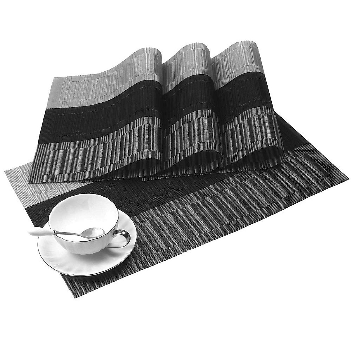 V-Shine Placemats for Dining Table Set of 4 Washable Woven Placemat Non-Slip Kitchen Waterproof Table Place Mats - Grey&Black