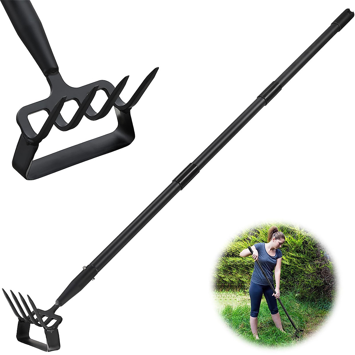 Garden Hoe Cultivator Weeding Tool, Stirrup Hoe Rake with 62" Adjustable Long Handle Stainless Steel Heavy Duty Hula Hoe Tiller for Flower Beds, Patio, Garden Loosening Soil Weeding Digging (Black)
