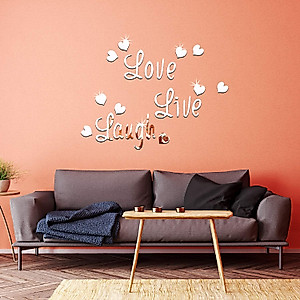 Love Live Laugh Wall Stickers Decals Silver Heart Mirror Wall Decor for Bedroom Living Room DIY Decoration