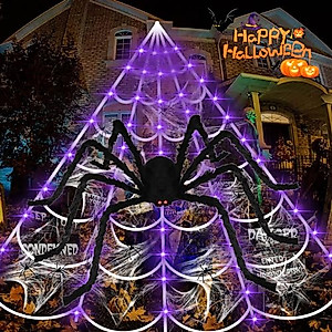MACTING Halloween Spider Web Decorations Outdoor, 16.4FT Giant Spider Web Lights & 79" Large Spider & 40 Small Black Spiders & 40g Stretch Cobweb for Scary Outside House Yard Haunted Mansion Decor