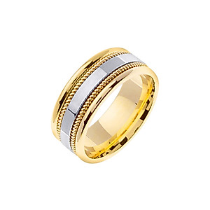 TGDJ Two Tone Gold Wedding Band - 7 mm Handmade Beautifully Crafted Wedding Ring for Couple - White Flat Gold Braided With Tight Yellow Gold ropes - Free Customized Engraving (14k Gold, 10.5)