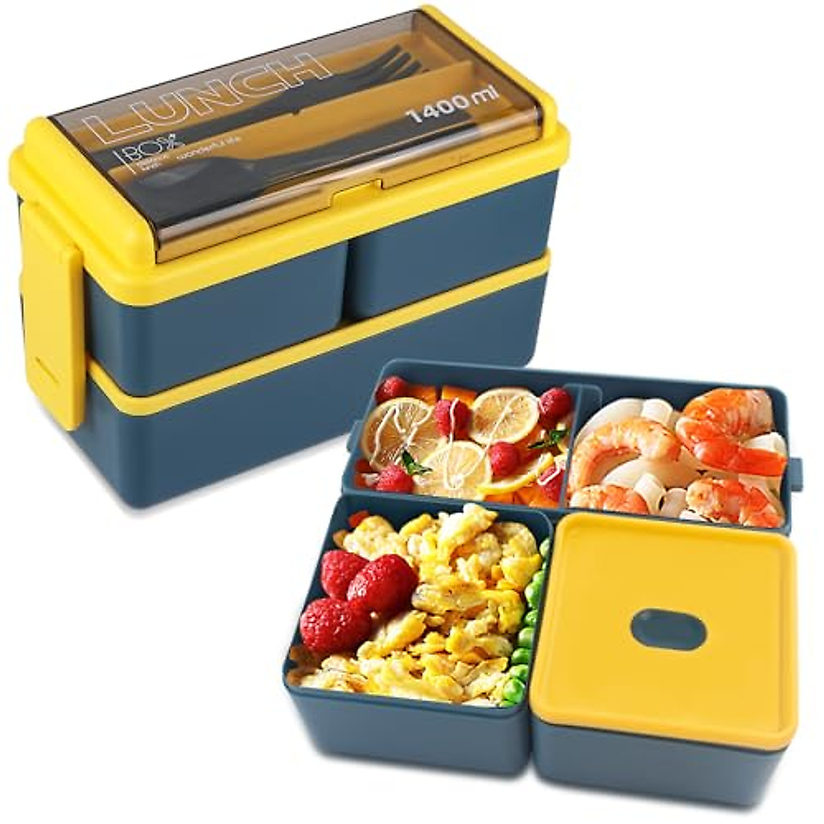 NatraProw Bento Box Adult Lunch Box, 3-in-1 Stackable Lunch Containers, 47OZ Bento Box with 4 Compartments, Fork & Spoon, Leak Proof, Microwave Safe (Blue)