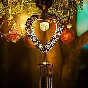newvivid Solar Powered Wind Chimes Solar Heart-Shaped LED Wind Chimes Crackle Glass Ball LED Light with Metal Tubes Waterproof for Home Garden Patio Party Festival Decor…