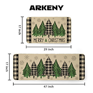 ARKENY Christmas Kitchen Rugs Set of 2, Non-Slip Absorbent Door Mats, Winter Snowflakes Xmas Tree Decorative Kitchen Floor Mat 17x29 and 17x47 Inch AKM004
