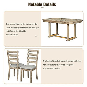 Wood Dining Table Set with 4 Upholstered Chair and 1 Bench, 6-Piece Kitchen Dining Table Set with Beautiful Wood Grain Pattern Tabletop Solid Veneer for Living Room (Natural Wood Wash + Solid Wood-A6)
