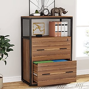 Tribesigns 2 Drawer Lateral File Cabinet with Lock, Letter/Legal / A4 Size, Large Rustic Filing Cabinet Printer Stand with Metal Wire Open Storage Shelves for Home Office (Walnut)