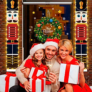 Christmas Decorations Banners with String Lights, Nutcracker Xmas Party Decor, Life Size Soldier Model Nutcracker Banners for Outdoor/Indoor Home Front Door, 600D Fabric Porch Sign