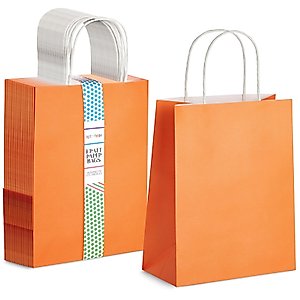 BLUE PANDA 25-Pack Orange Gift Bags with Handles - Medium Size Paper Bags for Birthday, Wedding, Retail (8x3.9x10 In)