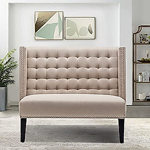 Yongqiang Modern Upholstered Bench with Back Tufted Loveseat Settee for Dining Room Living Room Entryway Sofa Couch Banquette with Wood Legs Khaki