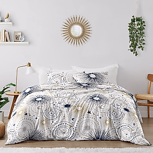 Sweet Jojo Designs Star and Moon Boy or Girl Full/Queen Bedding Set Kids Comforter Childrens Size - 3 Pieces - Navy Blue, Gold, and Grey Celestial Sky Stars Gender Neutral Unisex