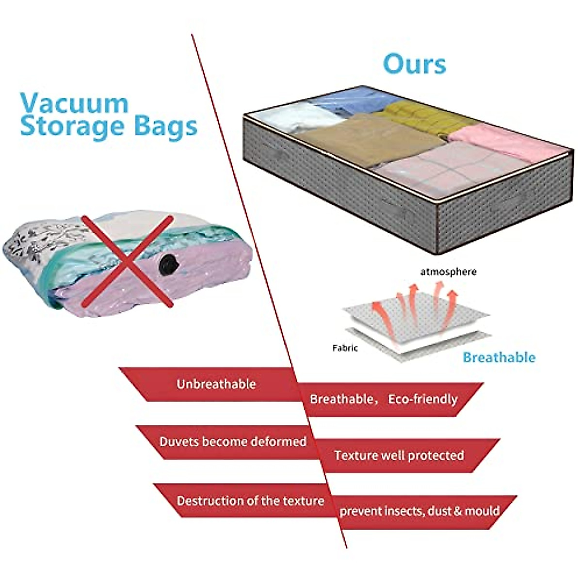 adikaka Underbed Storage Containers Bags 3-Pack, Foldable Large Fabric Container with Clear Window and Reinforced Handles for Clothes and Blankets - 40 x 20 x 7 Inches, Gray