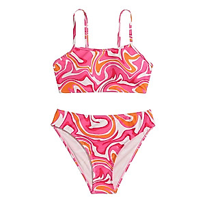 WDIRARA Girl's Swimwear Beach Sport All Over Marble Print 2 Piece Bikini Preppy Swimsuit Bathing Suits Pink and Orange 10-11Y