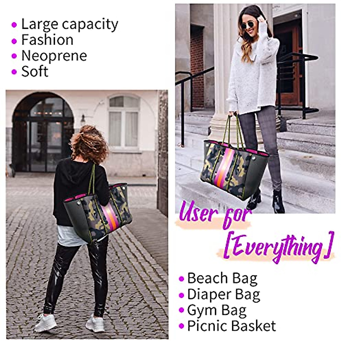 IBEE Large Neoprene Tote Bag for Women Big Womens Beach Tote Bag Foldable Pool Tote Bag Shoulder Bag for Travel Vocation