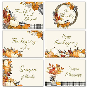 AnyDesign 36 Pack Fall Thanksgiving Greeting Cards Set Black and White Plaid Note Cards with Envelope and Sticker Pumpkin Maple leaves Blank Thank You Cards for Autumn Wedding Bridal Shower Birthday