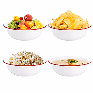 Elsjoy Set of 2 Enamel Bowl, 3 Quart Large Enamel Mixing Bowl White Enamelware with Red Rim, 11 Inch Vintage Enamel Soup Basin for Fruit, Salad, Pasta, Dinner