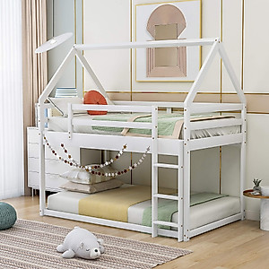 Twin Over Twin House Bunk Bed, Wood Montessori Floor Bunk Bed Frame with Ladder, Low Bunk Beds with Roof for Kids, Teens, Girls, Boys, White