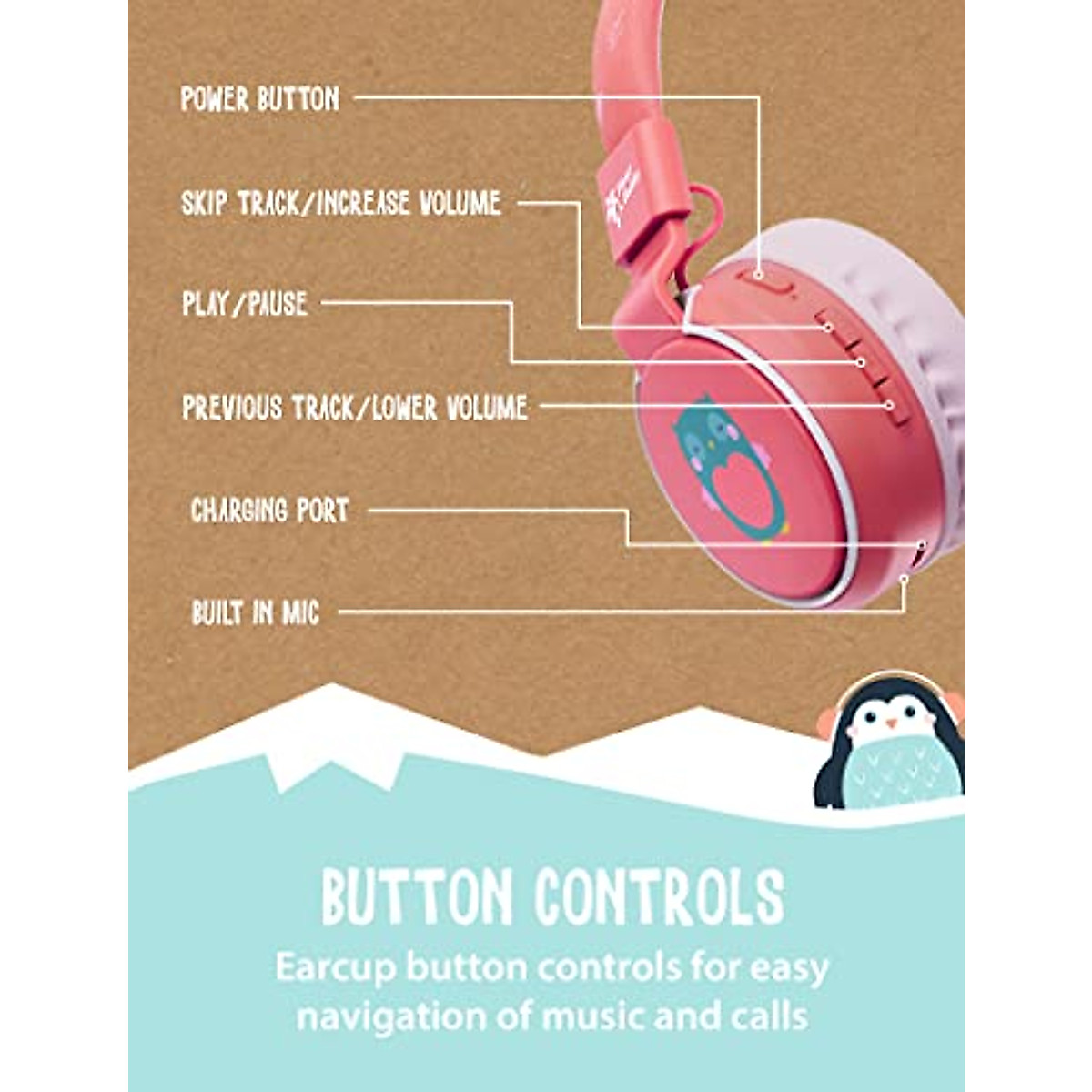 Planet Buddies Cute Penguin On-Ear Bluetooth Headphones for Kids | Foldable Wireless Kids Headphones | Kids Headset with Microphone for Tablets and Phones | Child-Safe Volume for School, Music & Calls
