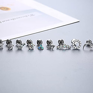 Florideco 9Pcs 16G Cartilage Stud Earring for Women 316L Stainless Steel Screw Flat Back Earrings Butterfly Moon Flower Crawler Helix Tragus Daith Piercing Jewelry Sliver