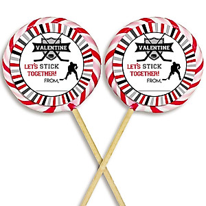 Hockey Valentine Party Favor Sticker Labels for Boys, 40 2" Party Circle Stickers by AmandaCreation, Great for Classroom Valentines, Envelope Seals, Gifts & Treats