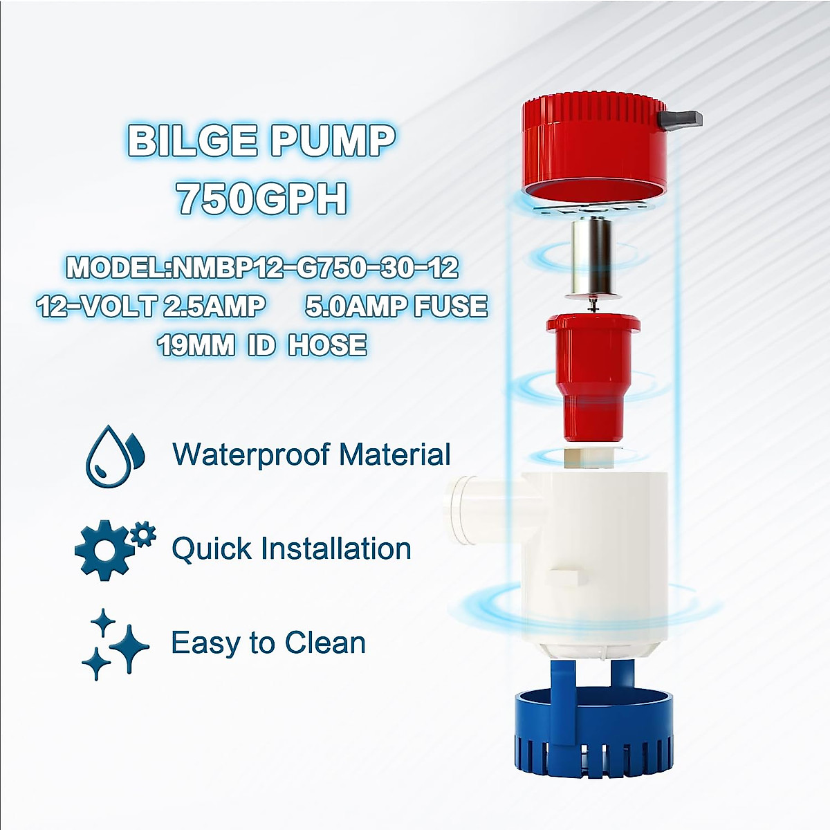 IZTOSS 750GPH Bilge Pump 12V Submersible Marine Electric Bilge Water Pump for Boat Caravan RV Non-Automatic